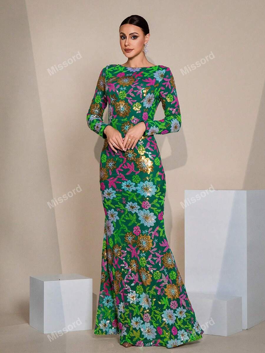 Missord Ladies' Random Printed Minimalist Long Sleeve Prom Dress ...