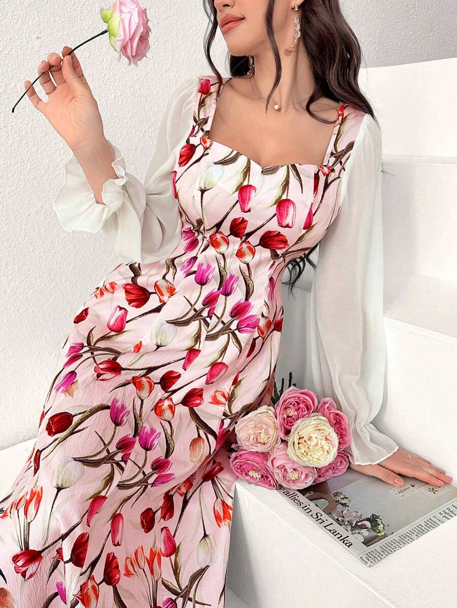 SHEIN Modely Women's Diamond Neckline Floral Print Mesh Splice Dress ...