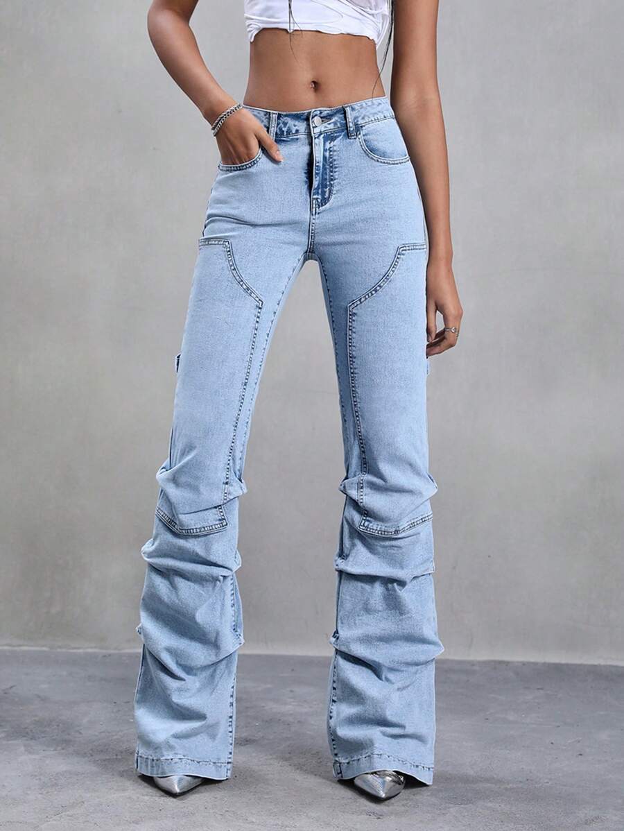 Jeanoix Women's Y2K Casual Pleated Vintage Denim Flare Long Pants With ...