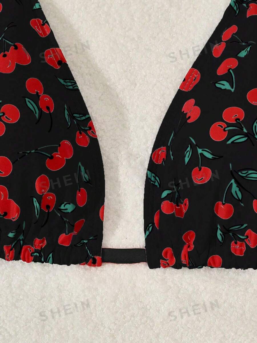 SHEIN Swim Mod Plus Size Women's Summer Beach Cherry Print Halter Neck Tie Sexy Bikini Set ...