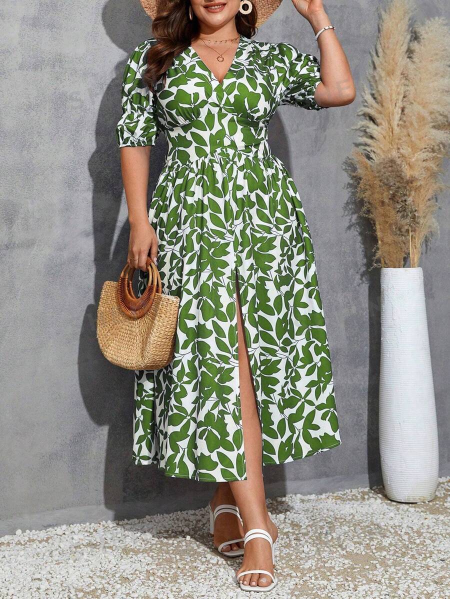 SHEIN VCAY Vestido plus size com decote transpassado em V e fenda com ...