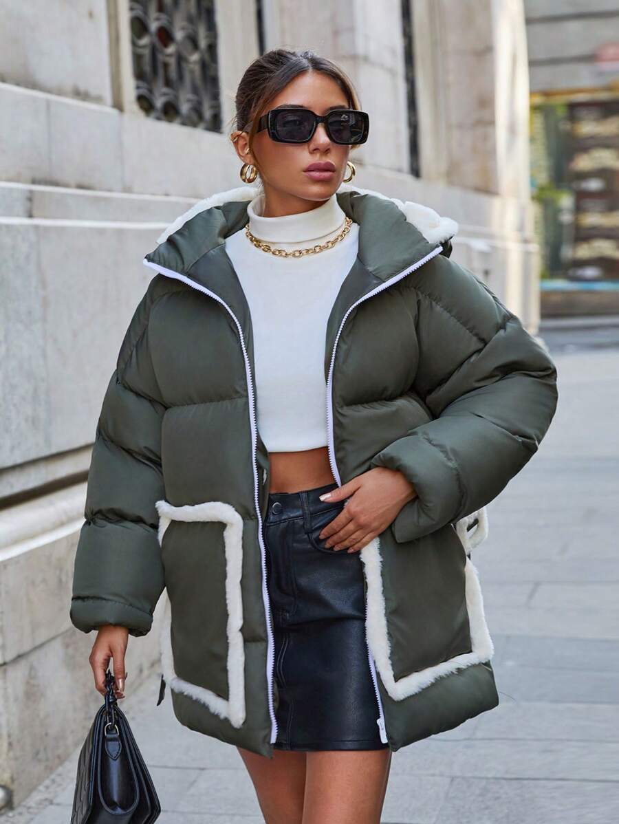 SHEIN Puffer Jacket With Contrast Pocket Details, Hood, Teddy Fabric ...