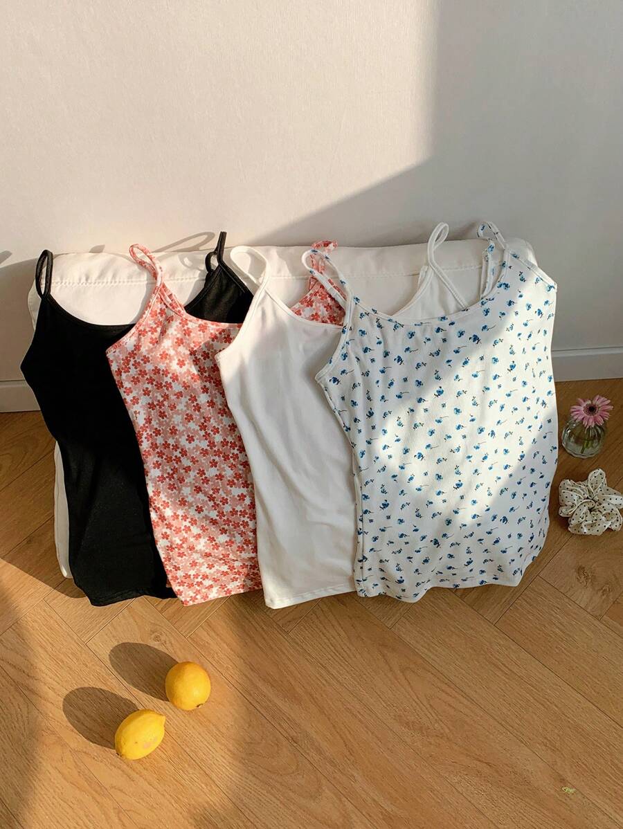 Comfortcana 4pcs/Set Casual Small Floral Print Camisole Tight Women's ...