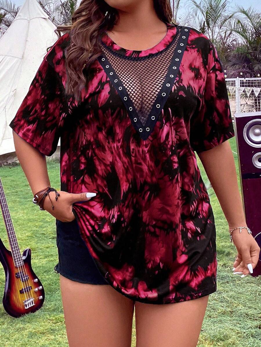 SHEIN MOOSTA Plus Size Women's Summer Tie-Dyed Print Contrast Mesh Round Neck Short Sleeve ...