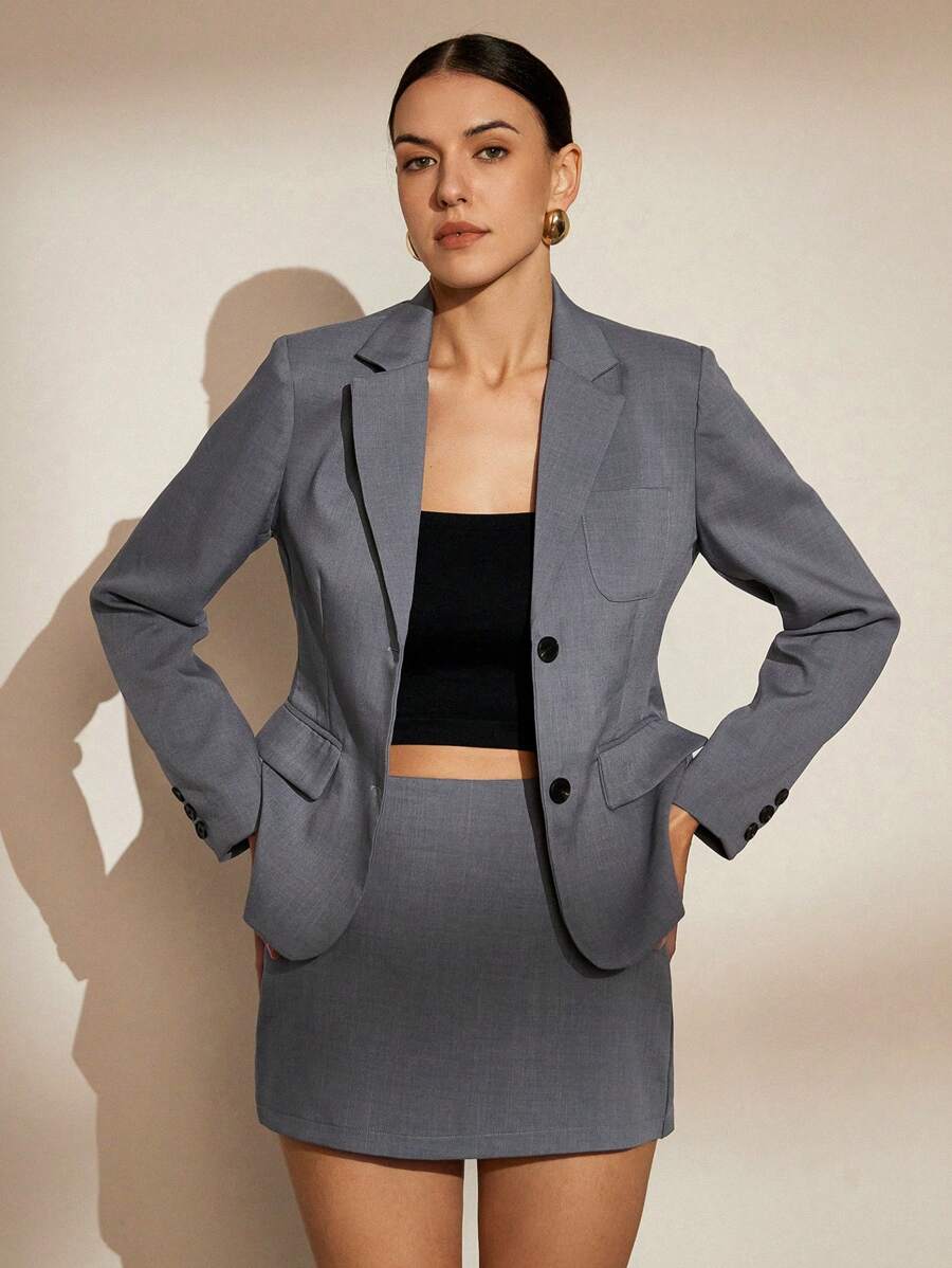 Aveloria Modichic Miu Style Solid Color Simple OL Suit With Skirt, College Style | SHEIN USA