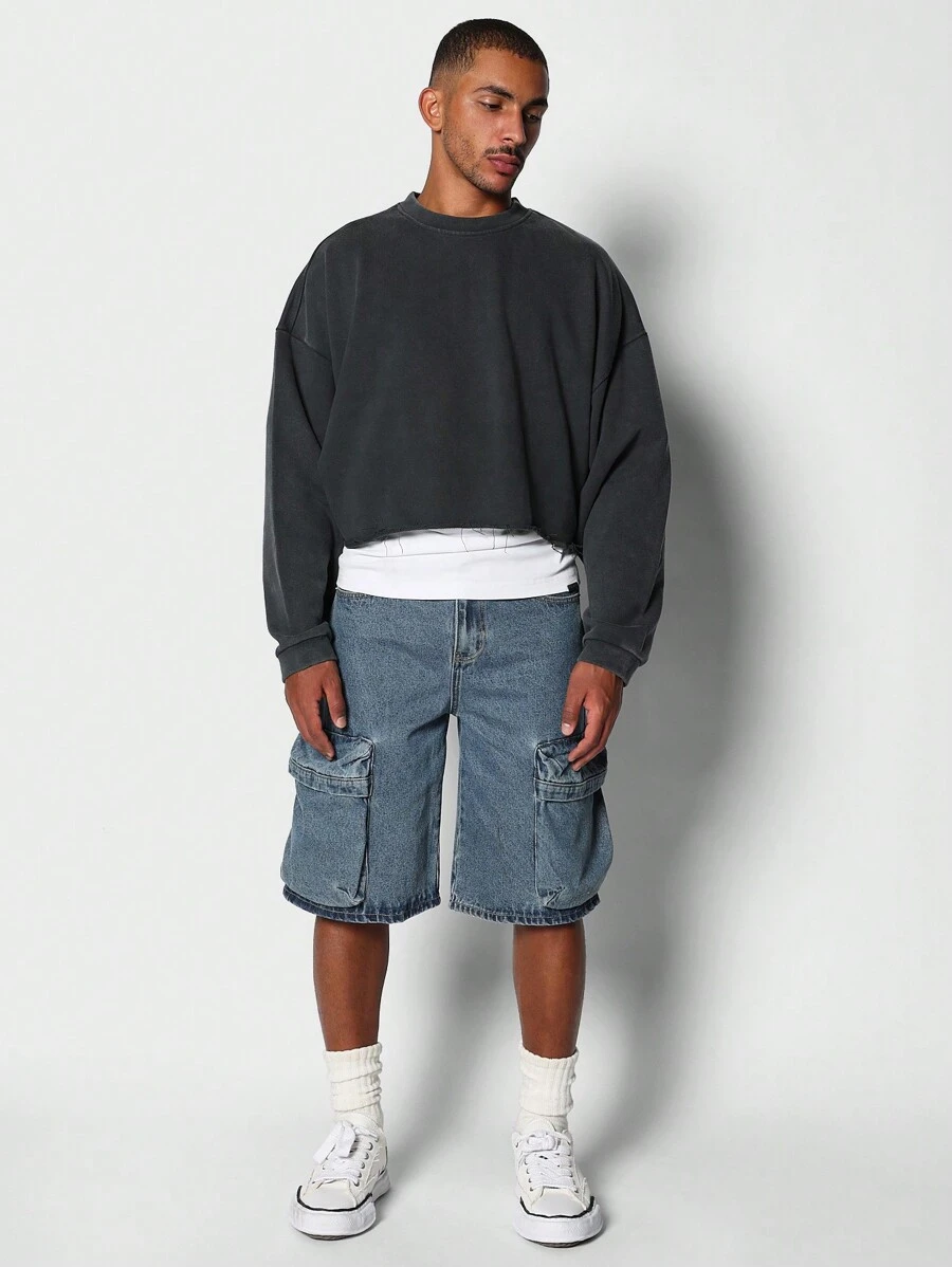 SUMWON Crop Fit Premium Washed Sweatshirt With Raw Edge Detail College ...