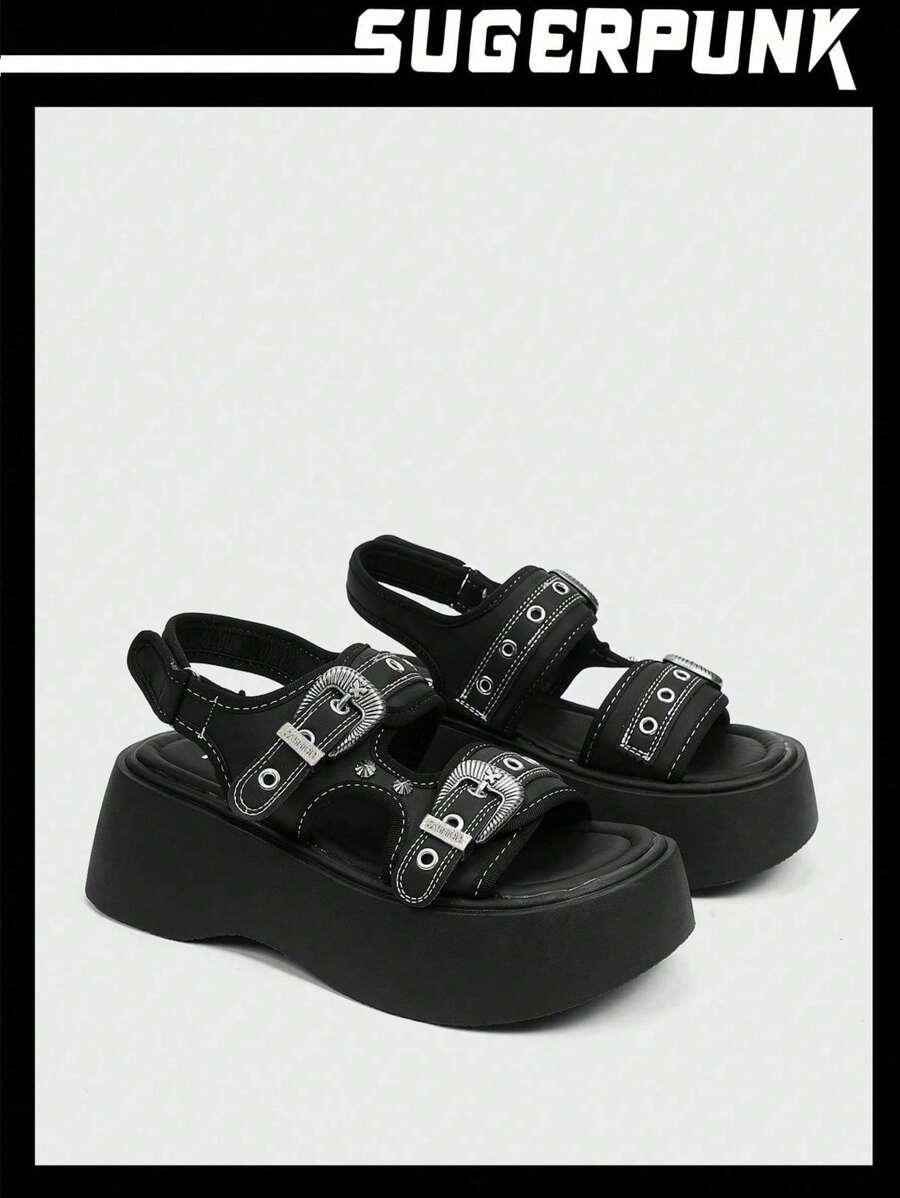 Sugerpunk Dark Rocker Punk Sandals, Black Platform Open Toe Gothic ...