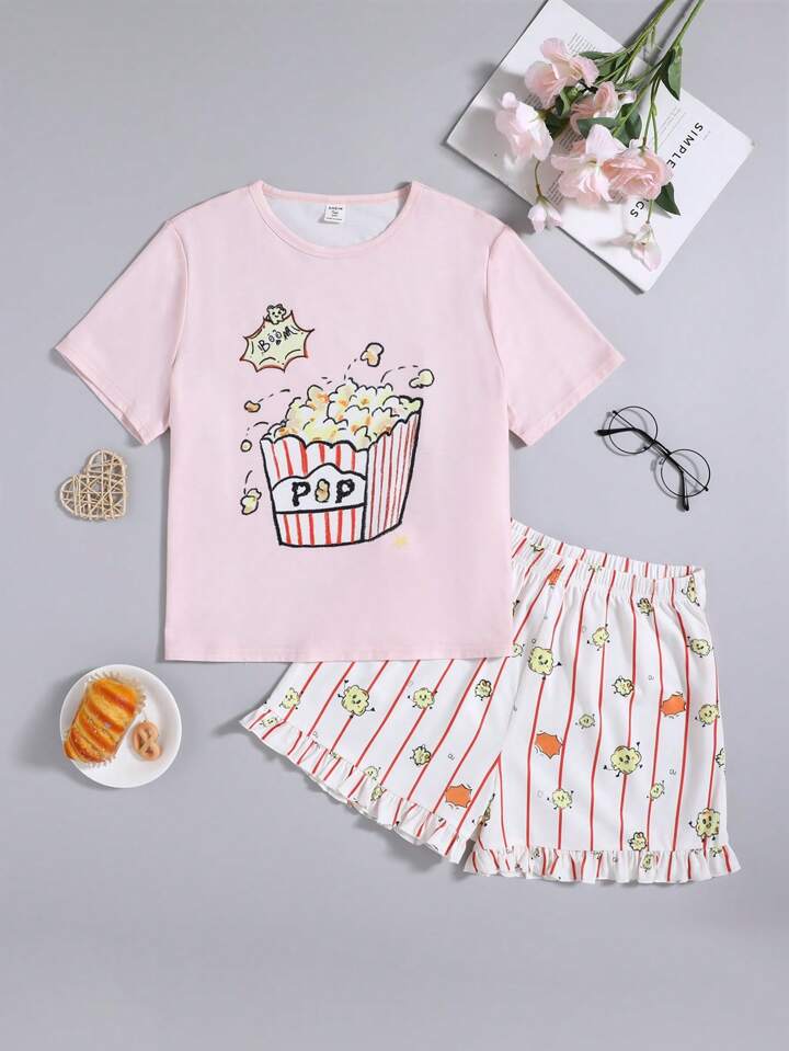 SHEIN Teenage Girl s 2pcs Cute And Sweet Popcorn Printed Short Sleeve Top With Ruffled Shorts Home Wear Pajama Set Summer SHEIN USA