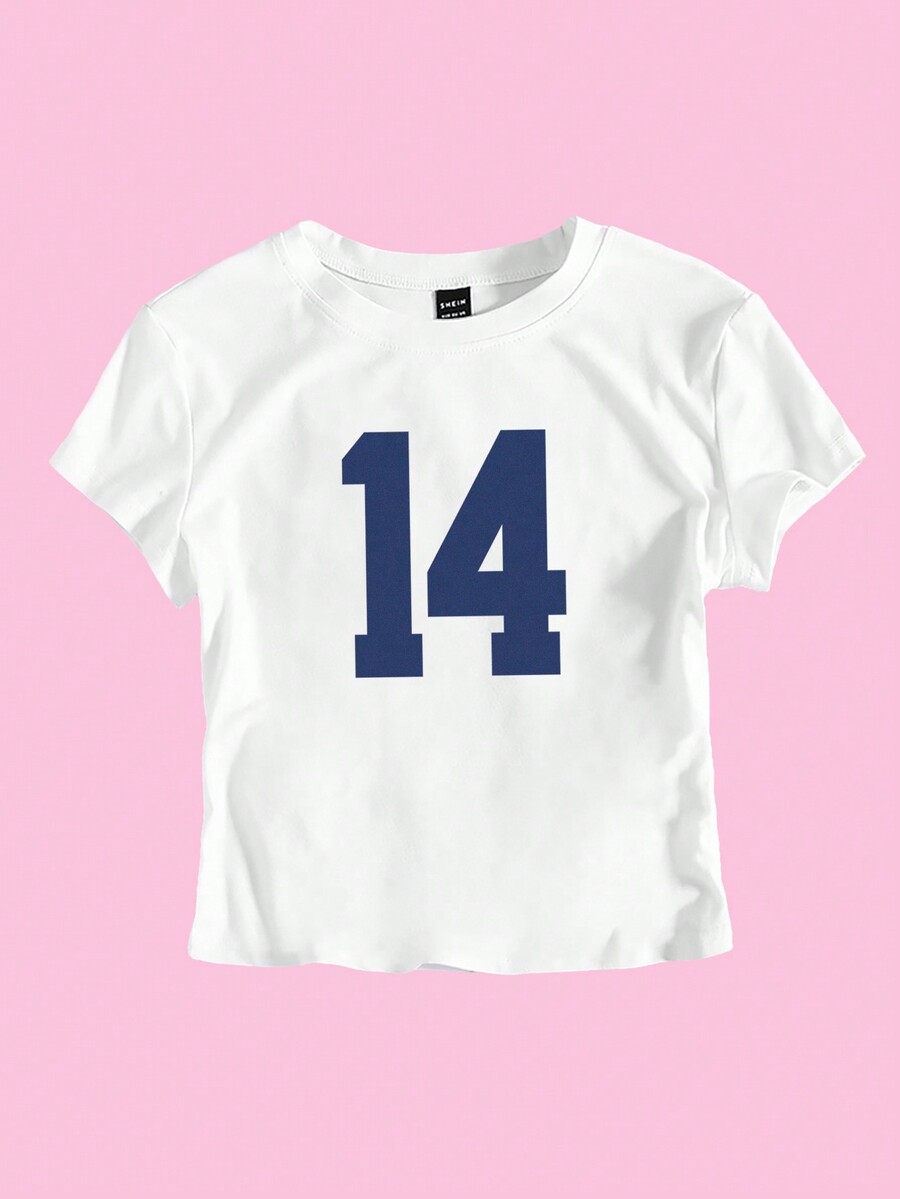 SHEIN EZwear Women's Short Sleeve Cropped T-Shirt With Number 14 ...