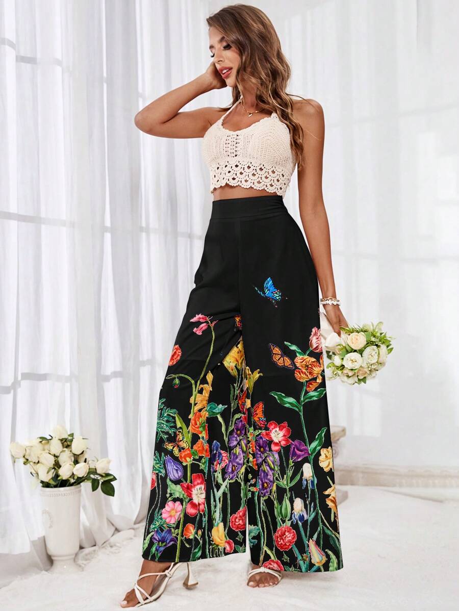 SHEIN VCAY High Waisted Floral Print Wide Leg Pants For Vacation ...