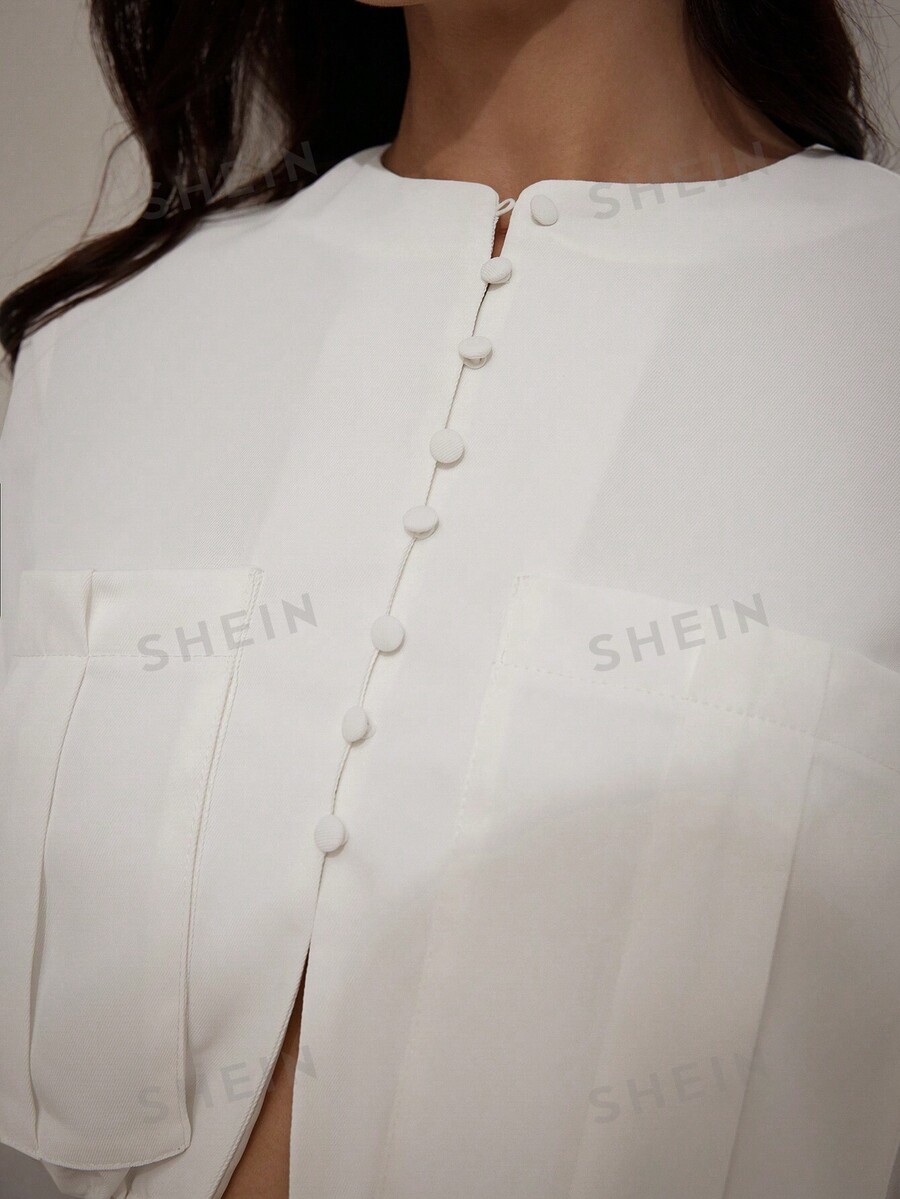 SHEIN BIZwear Clean Color Casual Long Sleeve Shirt With Large Pockets And Drawstring Hemline ...