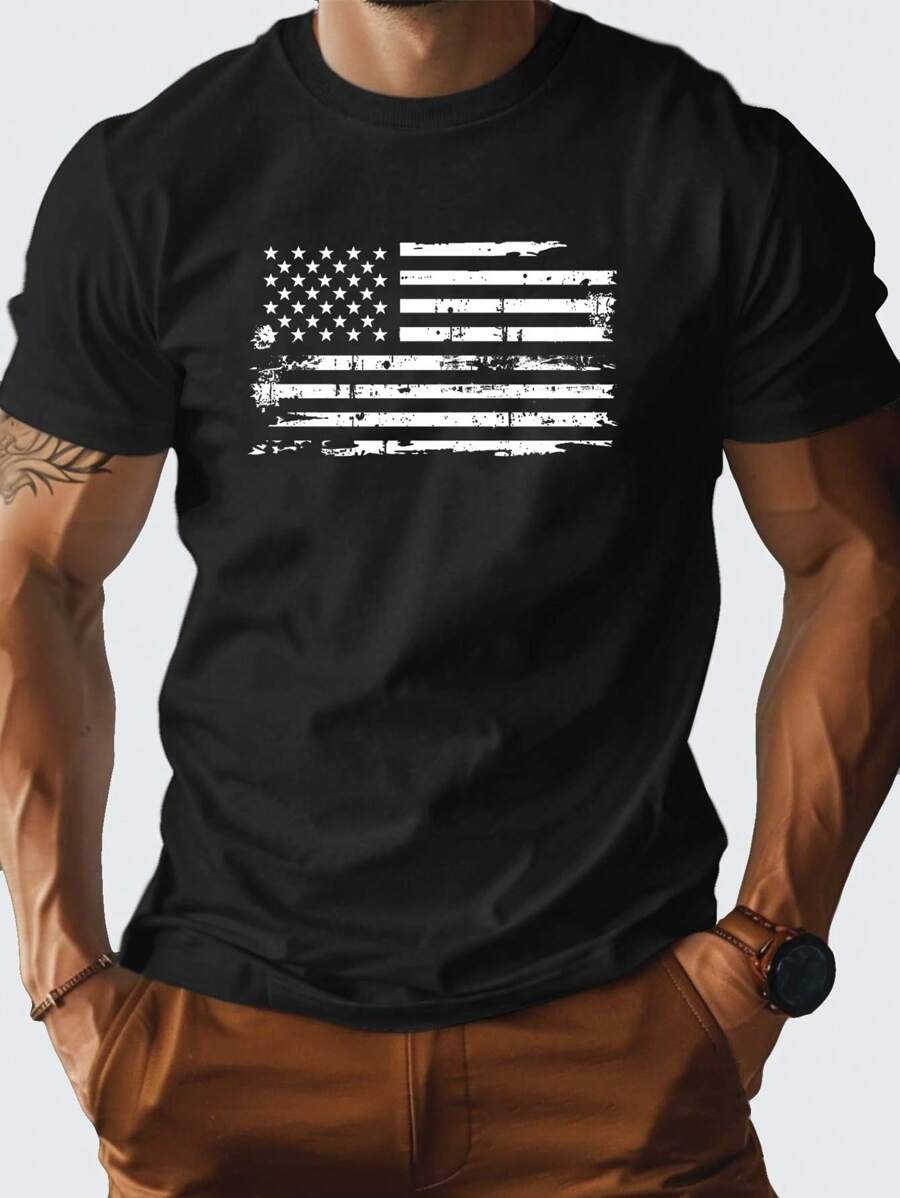 Manfinity Homme Men's Summer American Flag Printed Round Neck Short Sleeve Casual T-Shirt ...