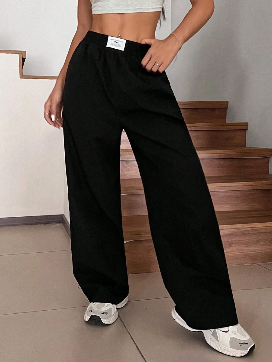 SHEIN EZwear Loose And Casual Black Straight-Leg Baggy Pants With ...