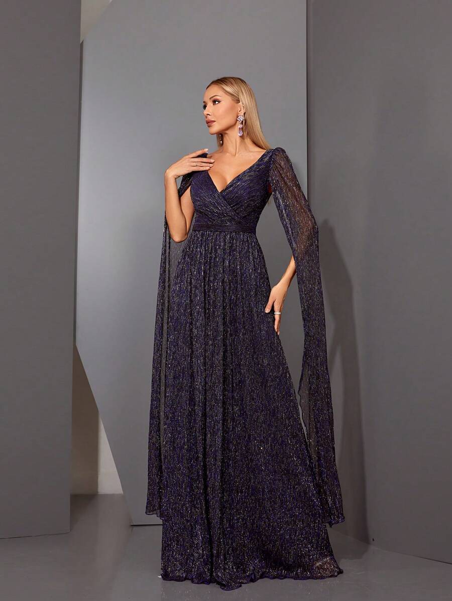 Mgiacy V-Neck Wrapped Chest Dress With Draped Sleeves, Gold Thread Mesh ...