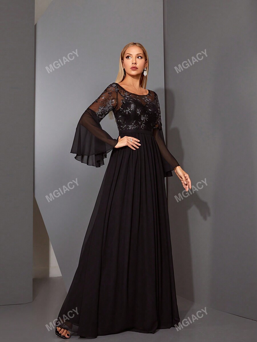 Mgiacy Round Neck Sparkly Embroidered Lace Patchwork Chiffon Pleated ...