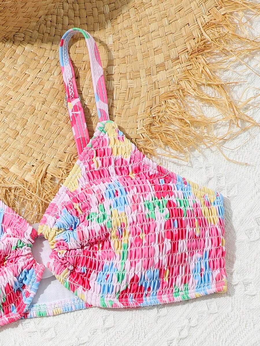 Tween Girls Printed Bikini Set With Circle Chain Matching Cover Up Skirt 3pcs Pleated