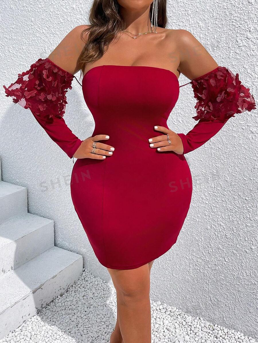 SHEIN Belle Plus Size Elegant Slim Fit Off-Shoulder Net Yarn & 3D ...