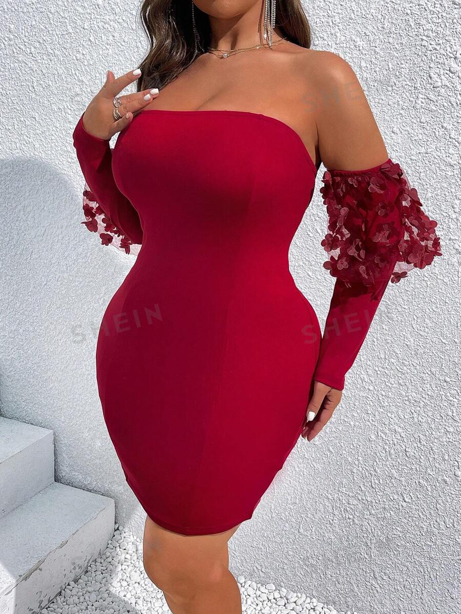 SHEIN Belle Plus Size Elegant Slim Fit Off-Shoulder Net Yarn & 3D ...