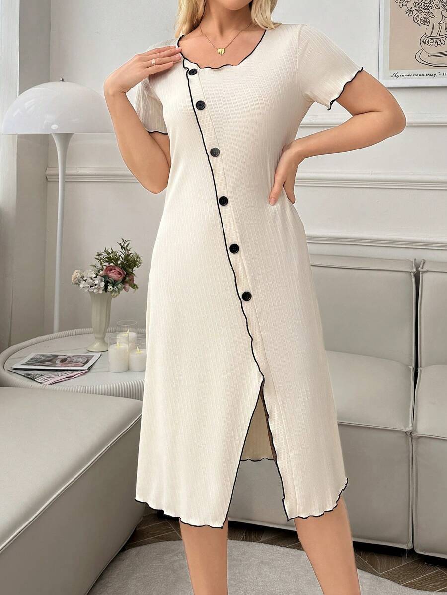 Color-Blocked Slanted Split Hem Decorative Button Short Sleeve Homewear ...