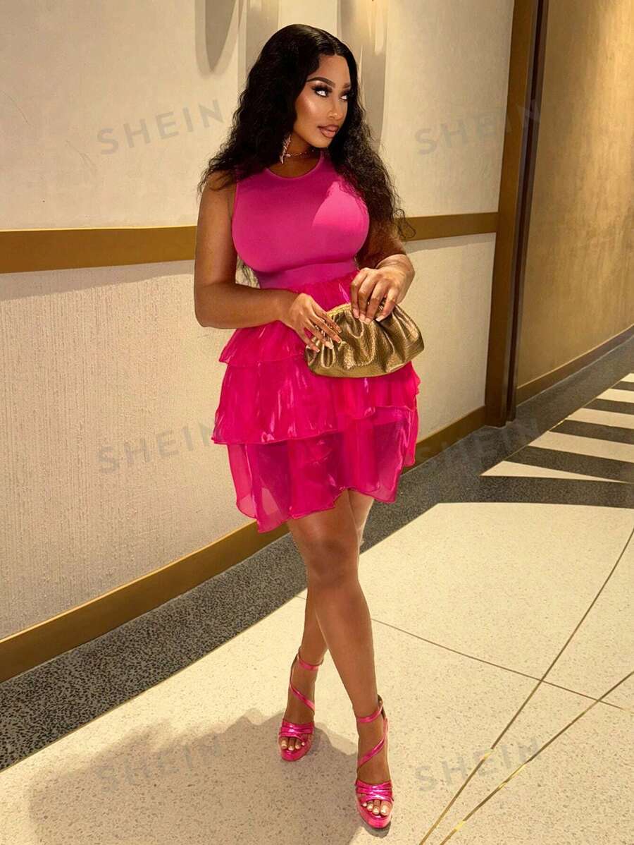 SHEIN BamGlam SHEIN SLAYR Sexy Contrast Mesh Layer Hem Pink 70s Outfit ...