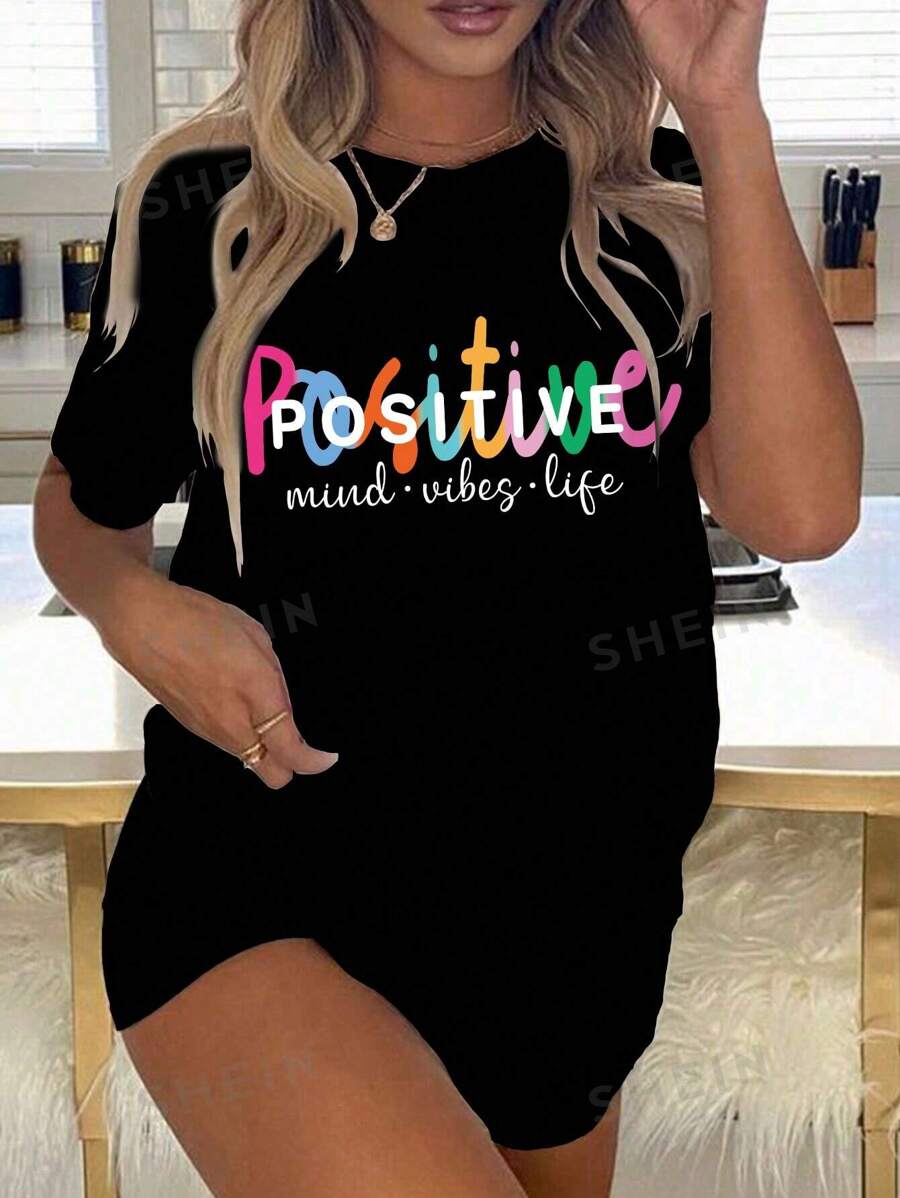 Shein Ezwear Slogan Graphic Drop Shoulder Tee Positive Mind Vibes Life