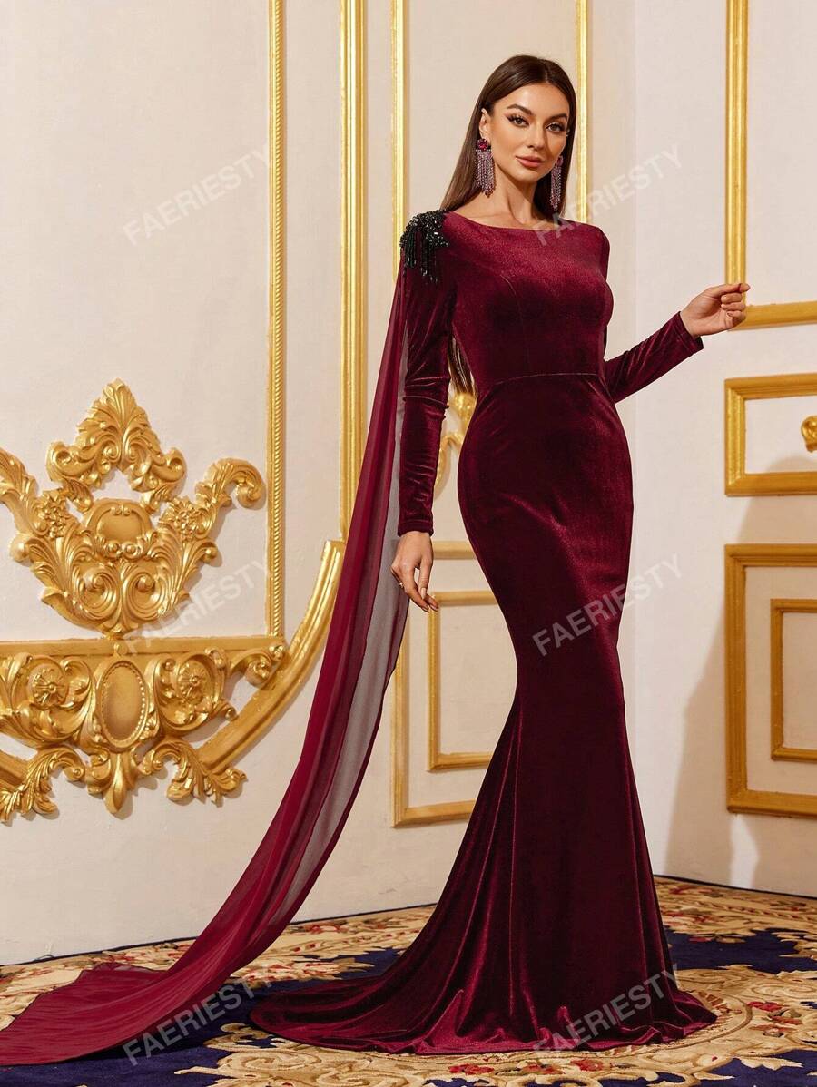 Faeriesty Draped Side Mermaid Hem Velvet Formal Dress | SHEIN USA