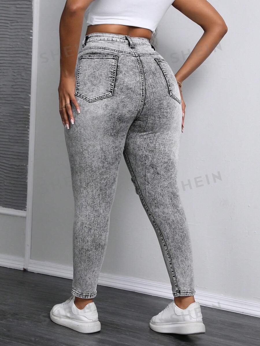 SHEIN SXY Plus Size Mid-Rise Stretchy Skinny Jeans With Ripped Holes ...