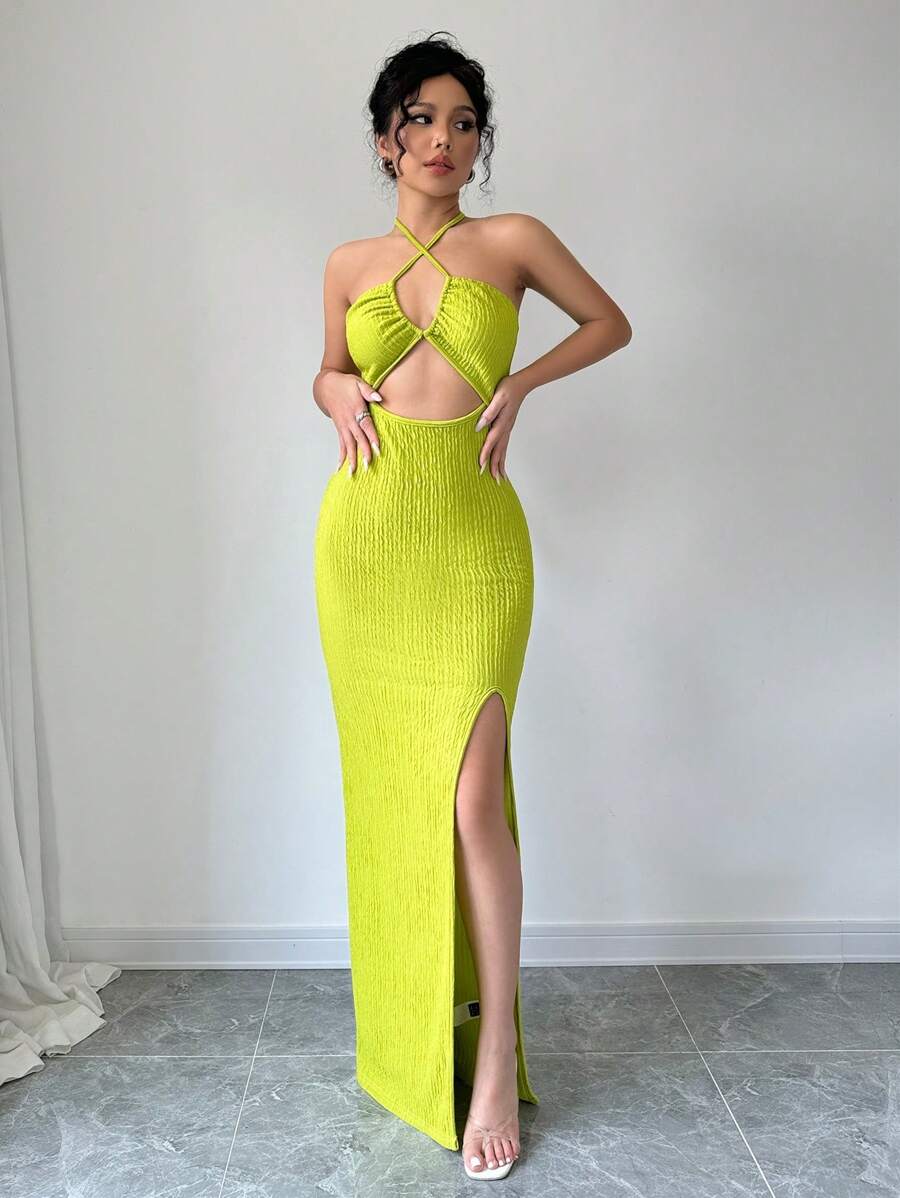 Breezaya Vestido Longo Bodycon com Decote Halter e Fenda Alta Maxi para ...