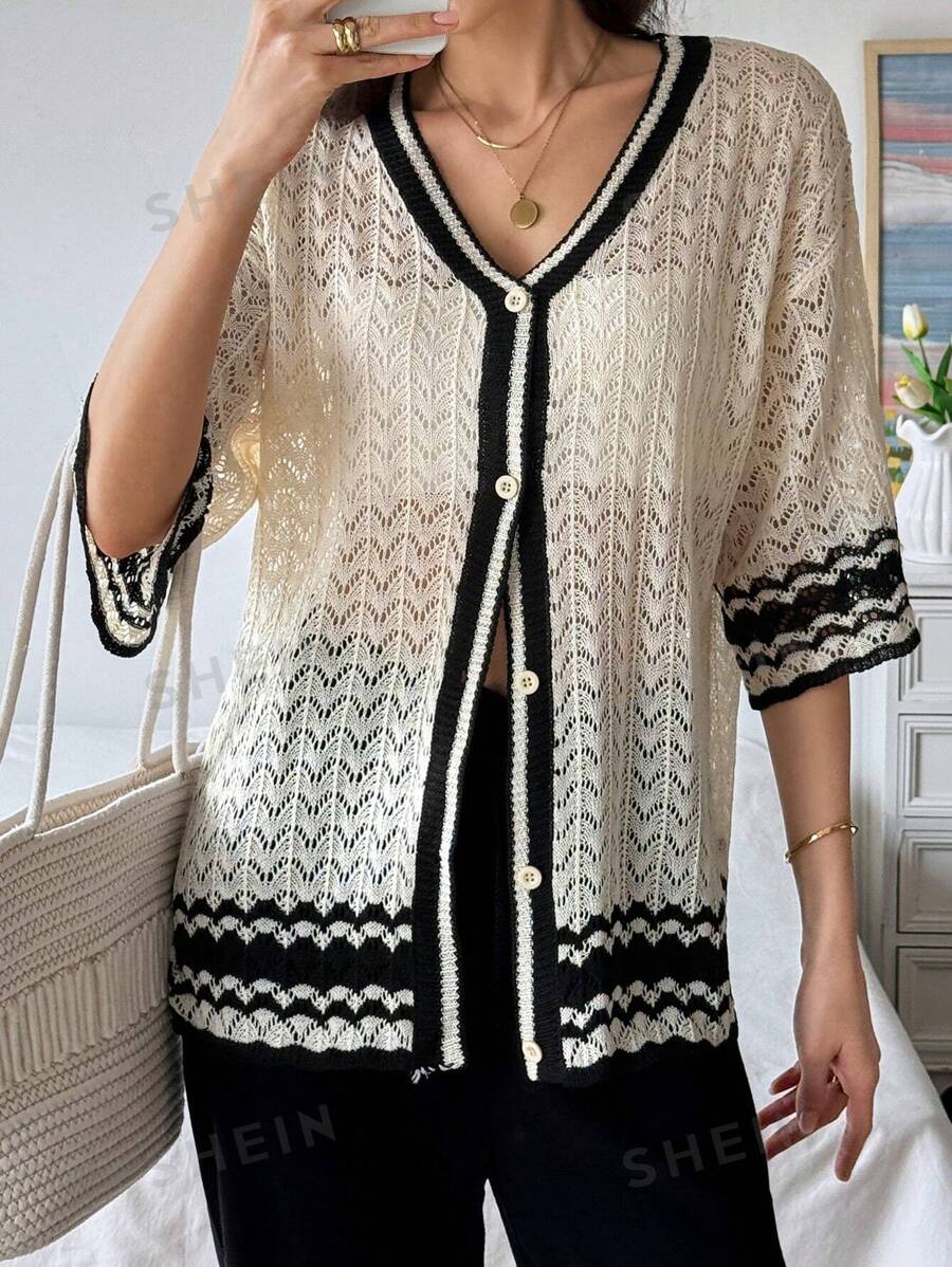 SHEIN Essnce Women's 2024 Apricot Bottom Black Knitted Sweater With ...