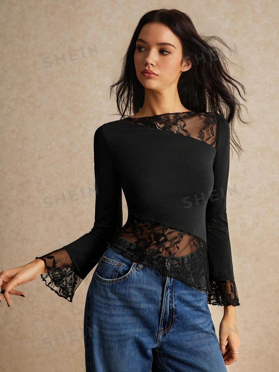 SHEIN Frenchy Women's Fall Clothes Summer Slim Fit Asymmetric Lace Long ...