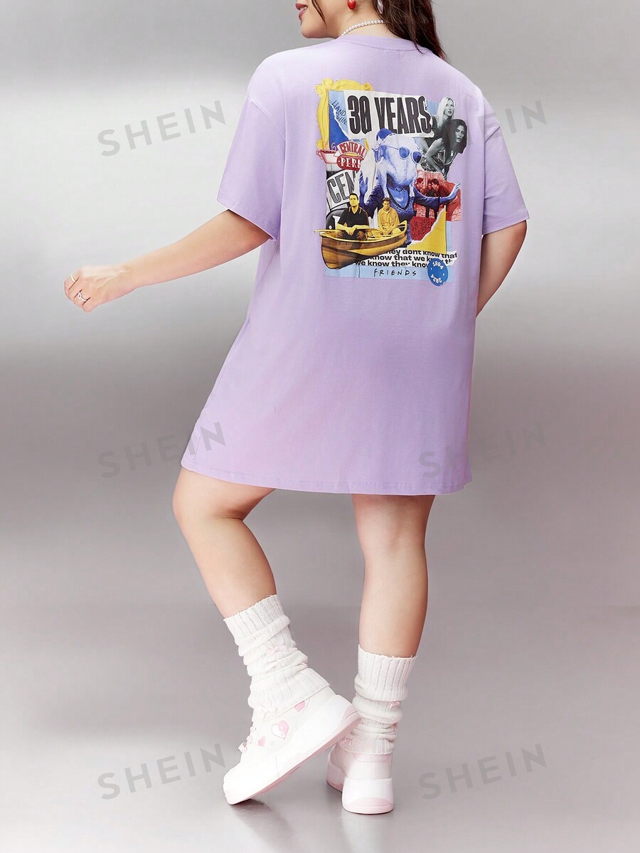 FRIENDS X SHEIN Talla grande Vestido de camiseta de gran tamaño suelta ...
