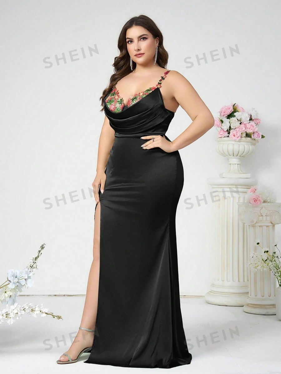 SHEIN Belle Plus Size Colorful Flower Off-Shoulder High Slit Fish-Tail Elegant Formal Dress ...