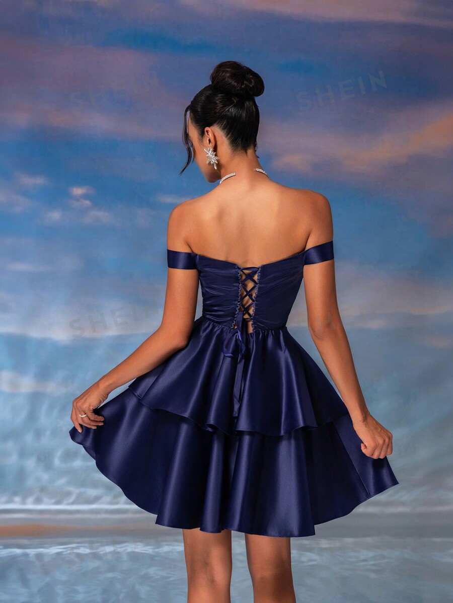 SHEIN Belle Elegant, Gorgeous And Cute Dark Blue One Shoulder Strapless ...