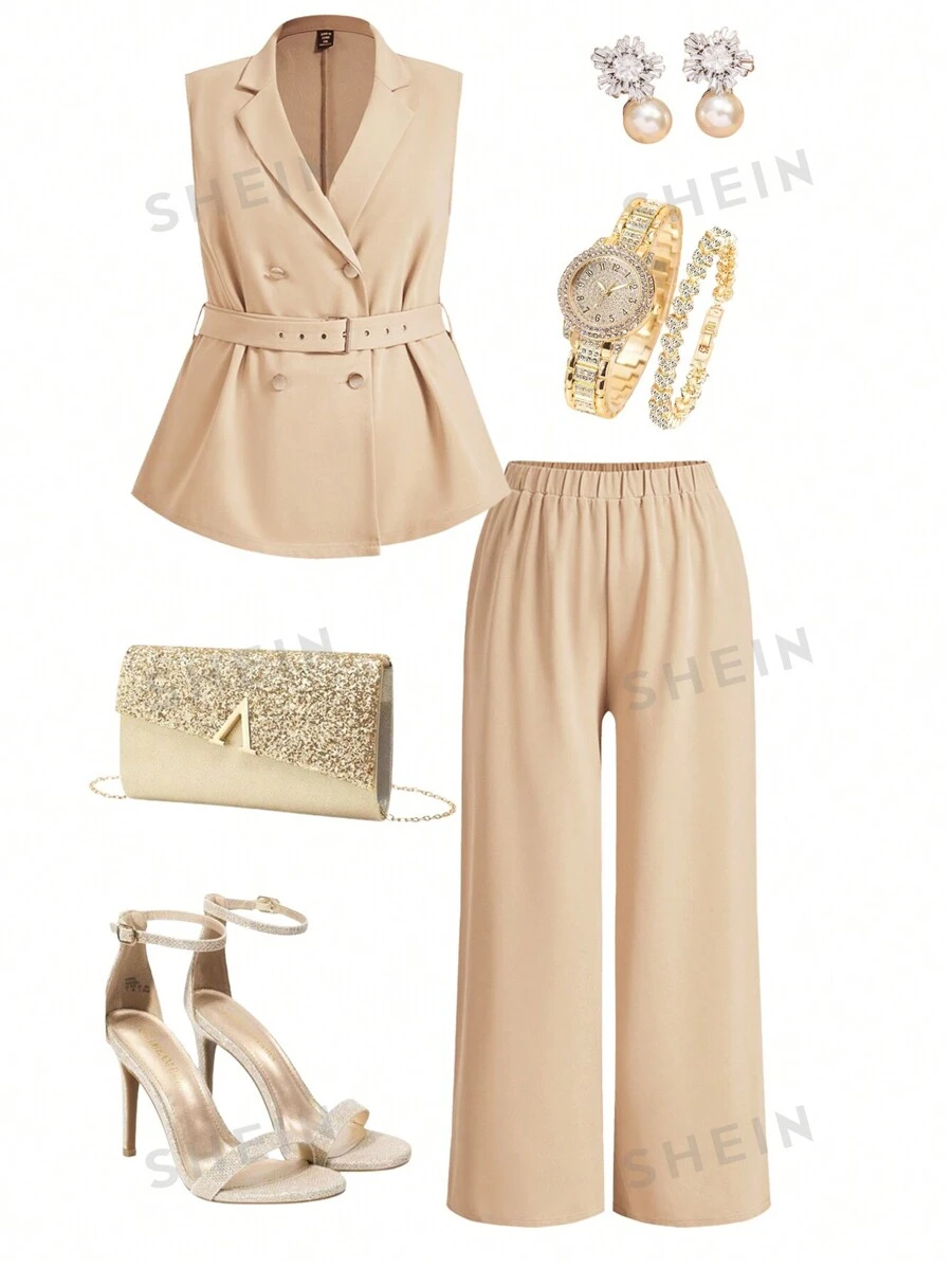 SHEIN Clasi Conjunto de dos piezas de color caqui elegante para verano ...