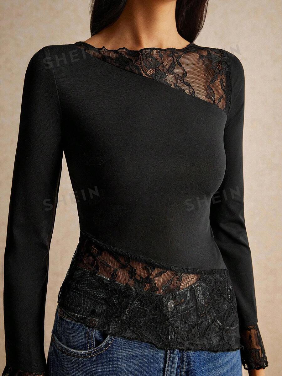 SHEIN Frenchy Women's Fall Clothes Summer Slim Fit Asymmetric Lace Long Sleeve T-Shirt With Hem ...
