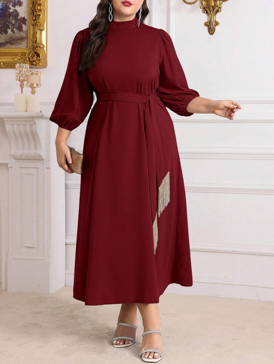 Modelyn Burgundy Red Plus Size Stand Collar Belted Arabian Modest Dress With Rhinestone ...