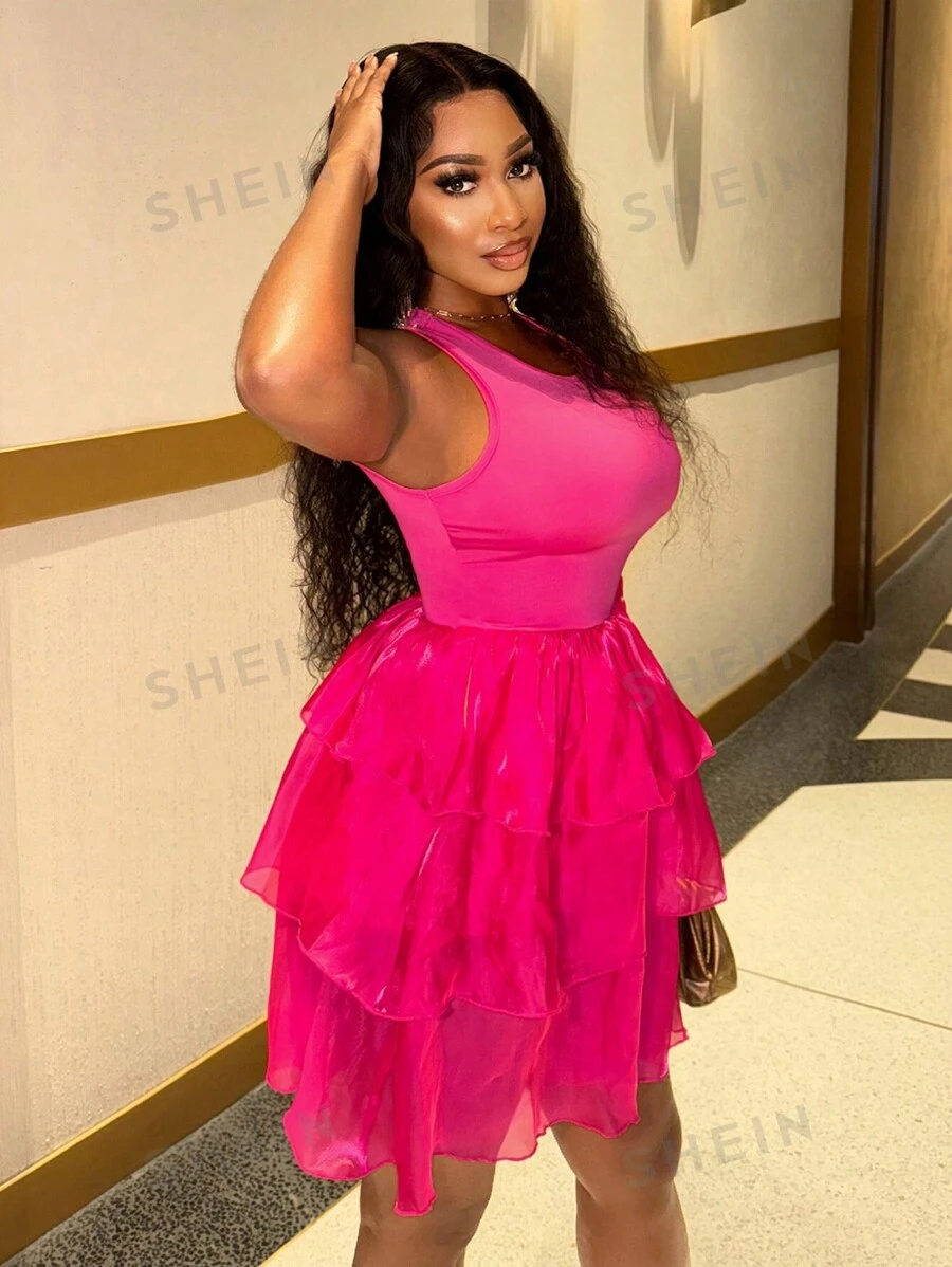 SHEIN Slayr SHEIN SLAYR Sexy Contrast Mesh Layer Hem Pink 70s Outfit For Halloween Christmas ...