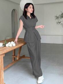 DAZY Women's Monochromatic Shirt & Wide-Leg Pants Set,Women Two Piece ...