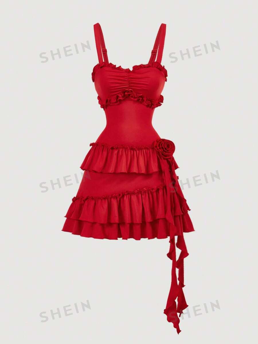 SHEIN MOD Women's Red Vintage Exaggerated Ruffle Edge 3D Floral Short ...