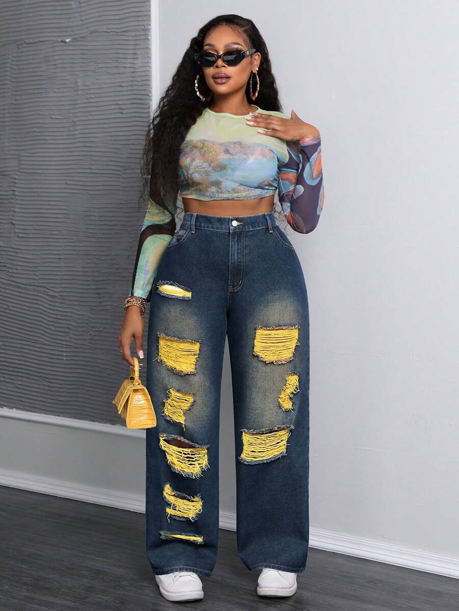 SHEIN SXY Plus Size Women's Vintage Denim-Colored Yarn Distressed ...