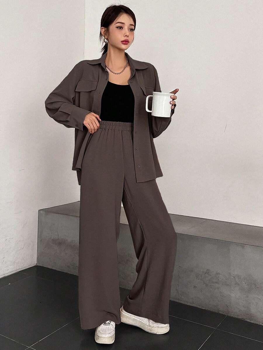 DAZY Flap Detail Drop Shoulder Shirt & Wide Leg Pants, Women Two Pieces ...
