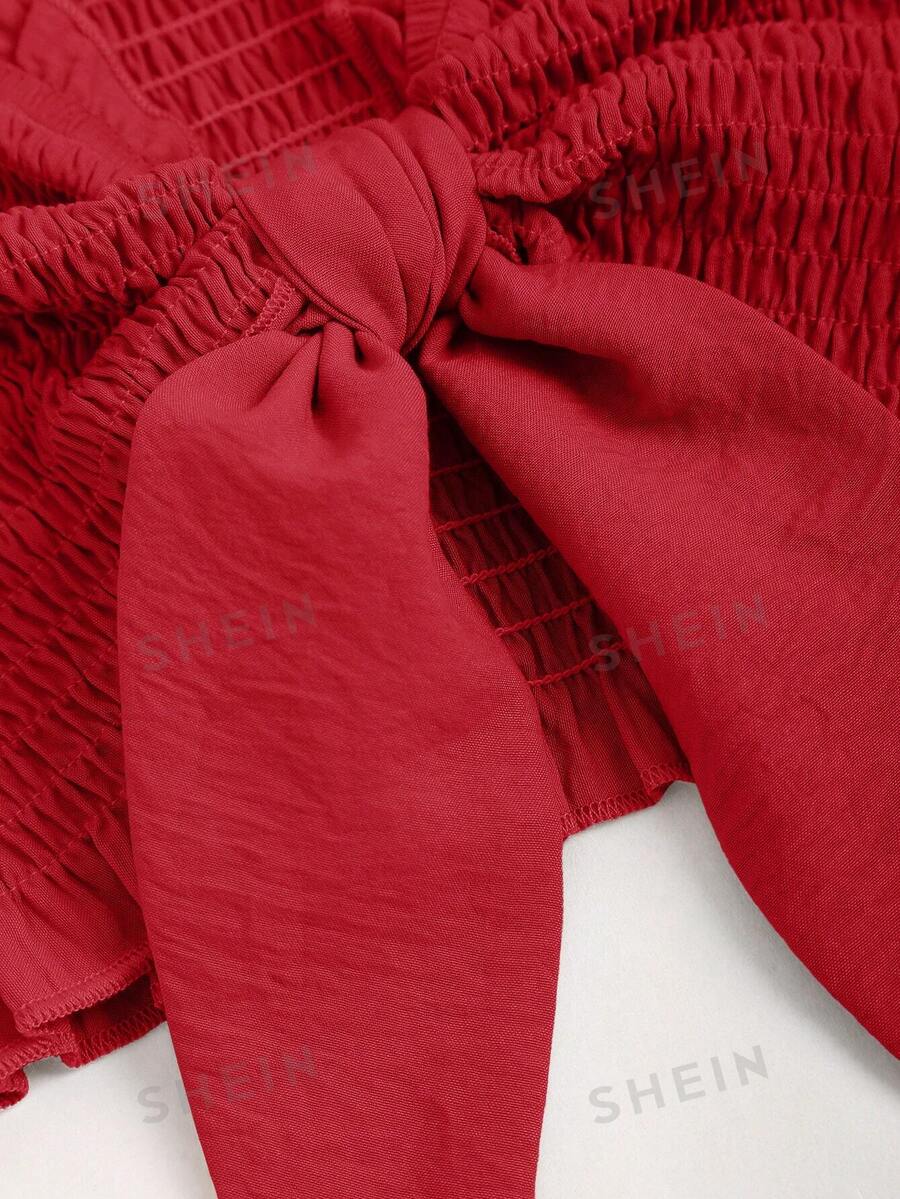 SHEIN MOD Women's Vacation Solid Color Ruffled Bandeau Top And Shorts Set With Front Knot | SHEIN UK