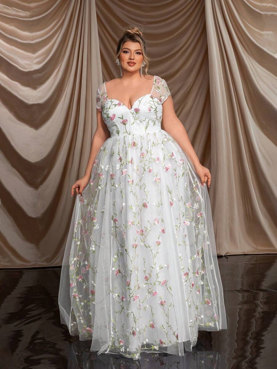 SHEIN Belle Plus Size White Romantic Flower Embroidery Palace Style Elegant A-Line Formal ...