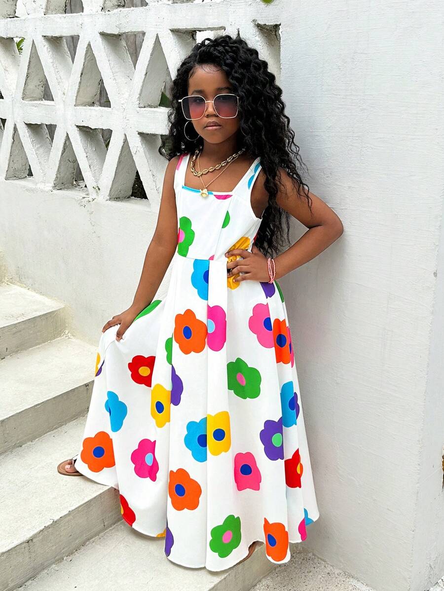 SHEIN Tween Girls Casual Street Chic White Floral Print Maxi Slip Dress ...