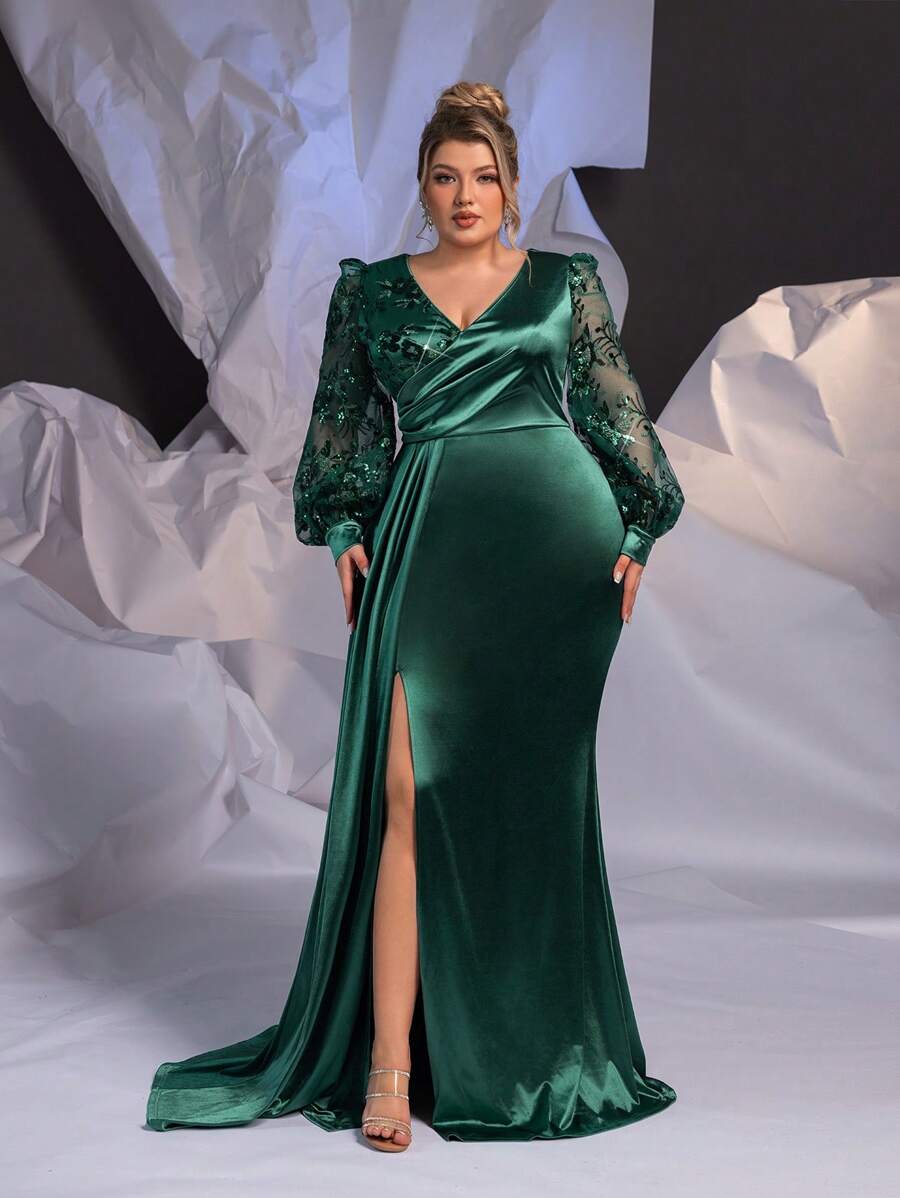 Glamrae Robe de soirée formelle longue et élégante en vert foncé avec ...