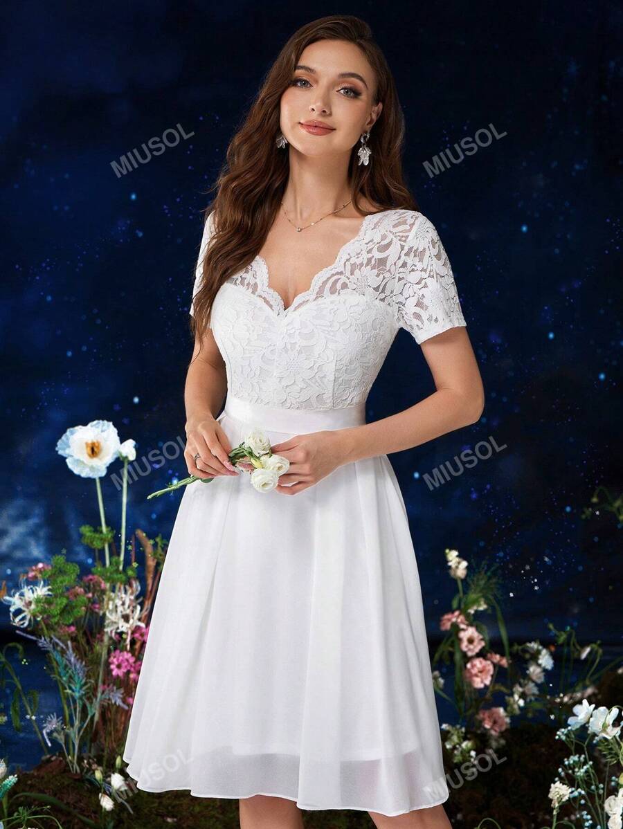 MIUSOL Elegant V-Neck Floral Lace Pleated Hem Chiffon Prom Party Swing ...