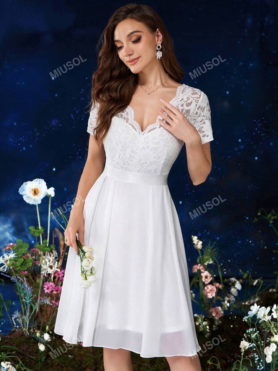 MIUSOL Elegant V-Neck Floral Lace Pleated Hem Chiffon Prom Party Swing ...