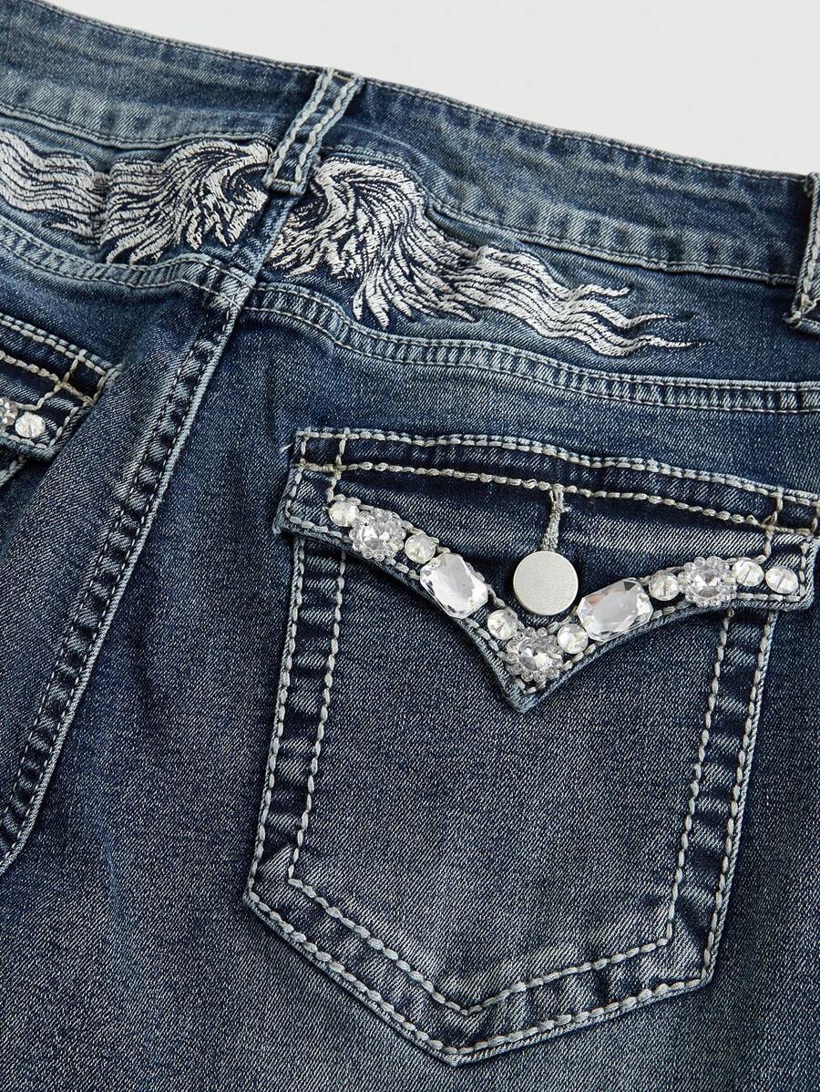 ROMWE Goth Rhinestone Embellished Wings Embroidered Flared Jeans With ...