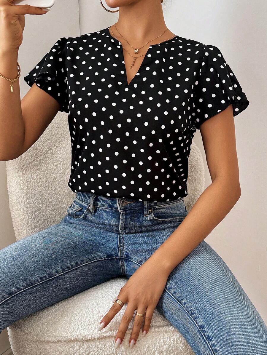 SHEIN Essnce Polka Dot Notched Neck Blouse Work Women Clothes Work ...