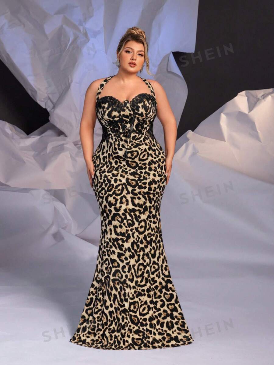 SHEIN Belle プラスサイズ セクシー レオパード レースコルセットウェストバインディング アシンメトリー バスト コットン 伸縮性のある生地 ボールガウン エレガント 重量感のある ...